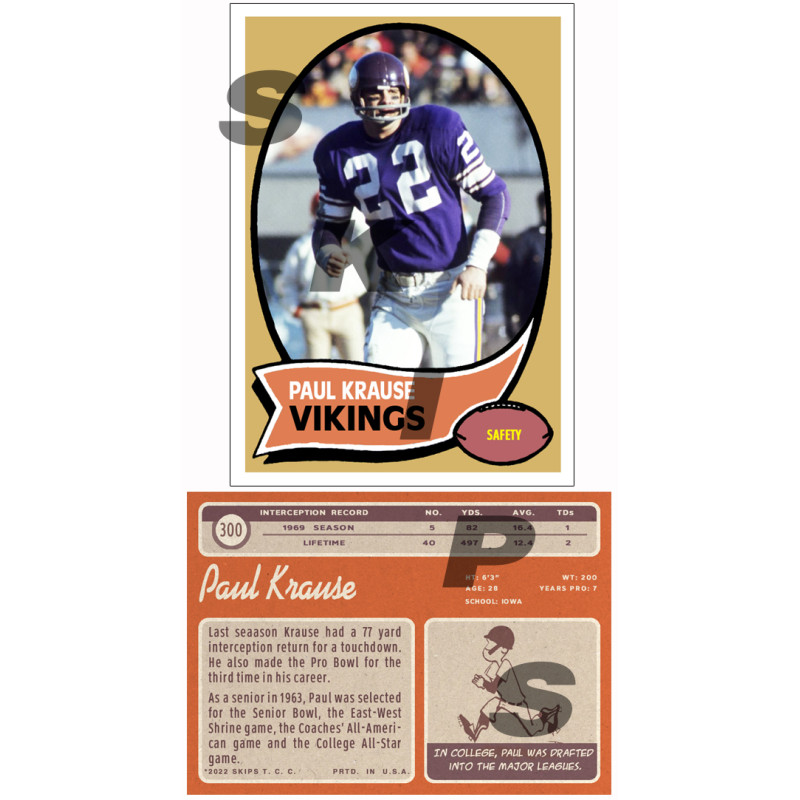 1970 STCC 300 Paul Krause Topps Minnesota Vikings custom card